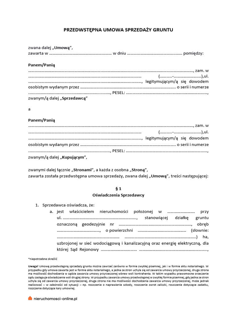 Przedwstepna Umowa Sprzedazy Gruntu | PDF