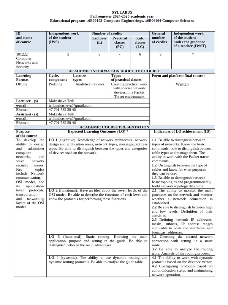 Syllabus Template For 2024-2025 | PDF | Computer Network | Educational ...