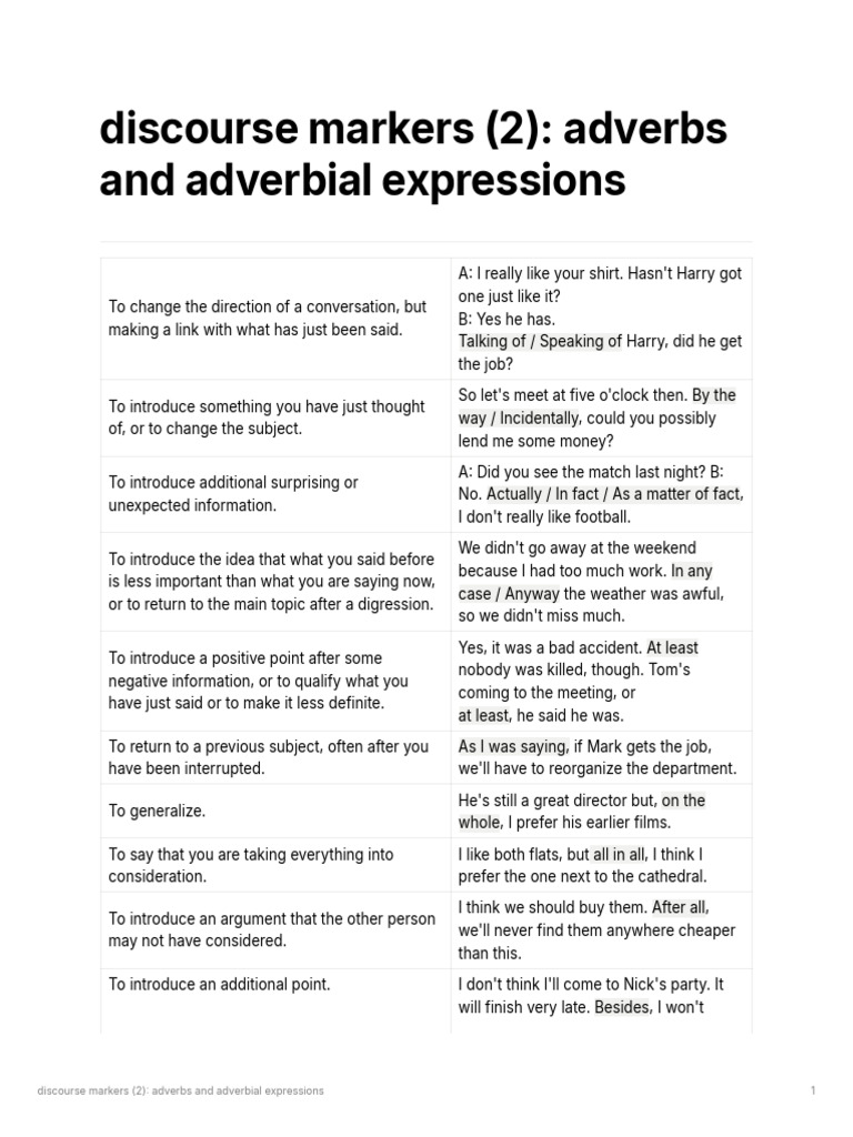 Discourse Markers Adverbs and Adverbial Expressions | PDF | Adverb