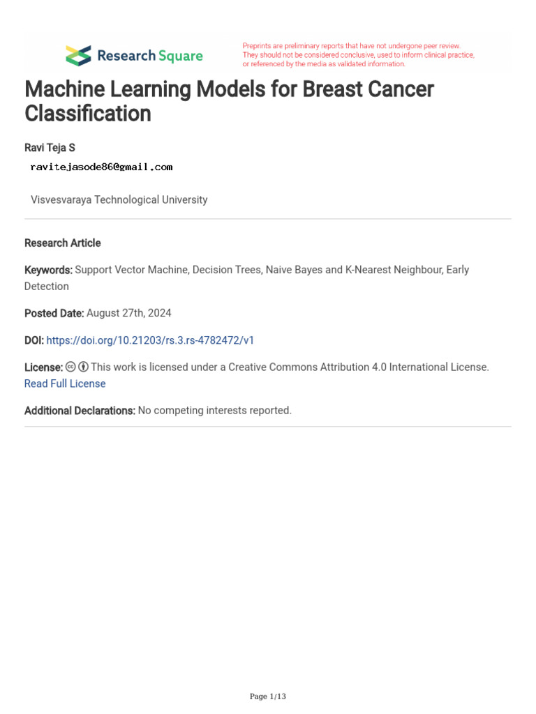 Machine Learning for Breast Cancer Classification | PDF | Support ...