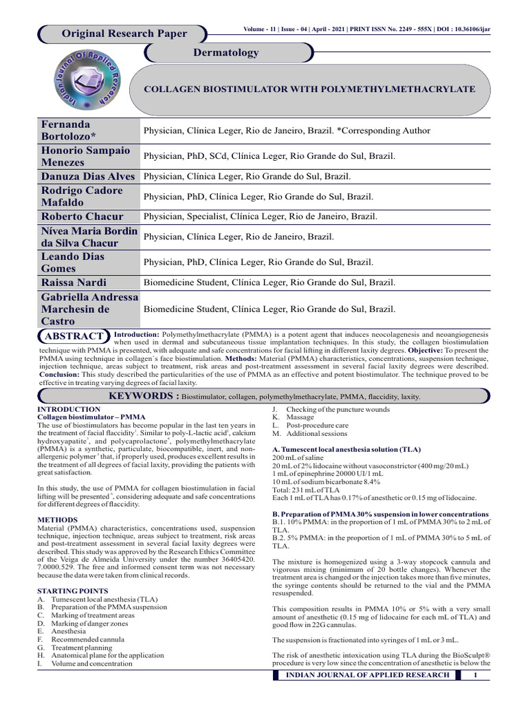 PMMA Collagen Biostimulator Techniques | PDF | Injection (Medicine ...