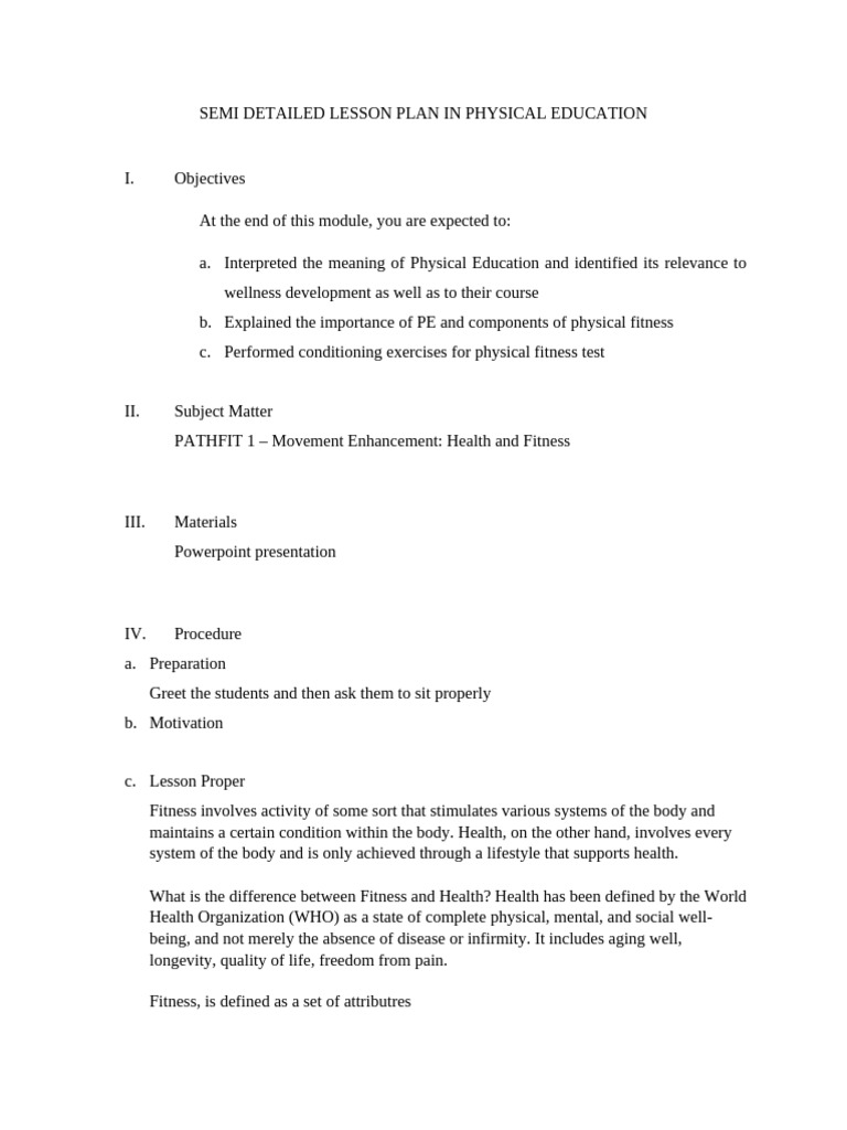 Semi Detailed Lesson Plan in Physical Education | PDF | Self-Improvement