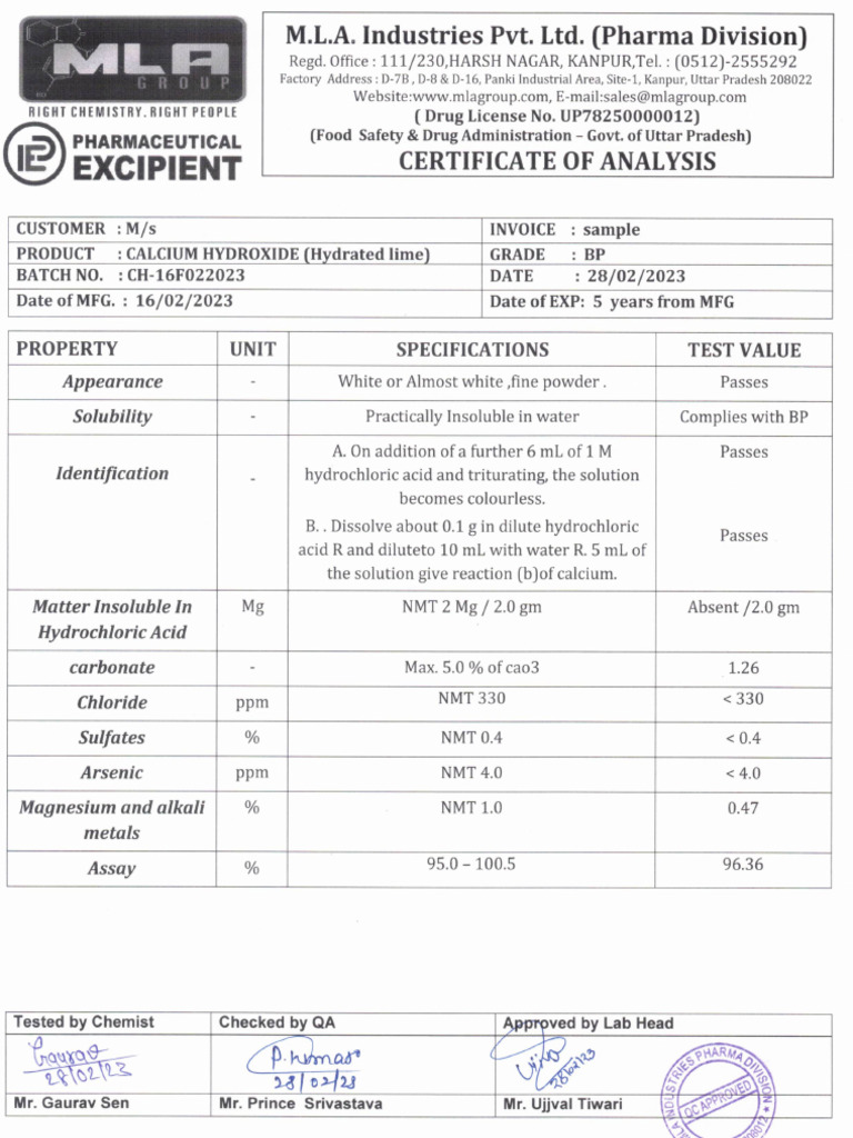 CALCIUM HYDROXIDE (Hydrated Lime) BP COA | PDF