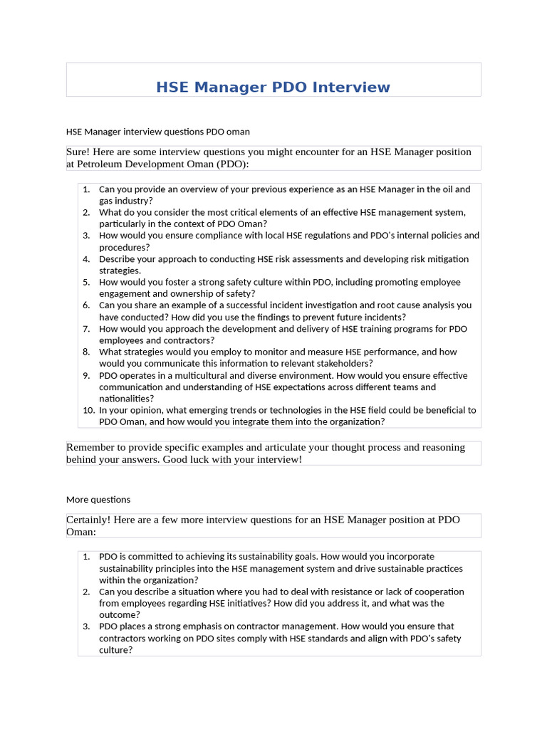 Pdo Hse Interview | PDF | Regulatory Compliance | Risk