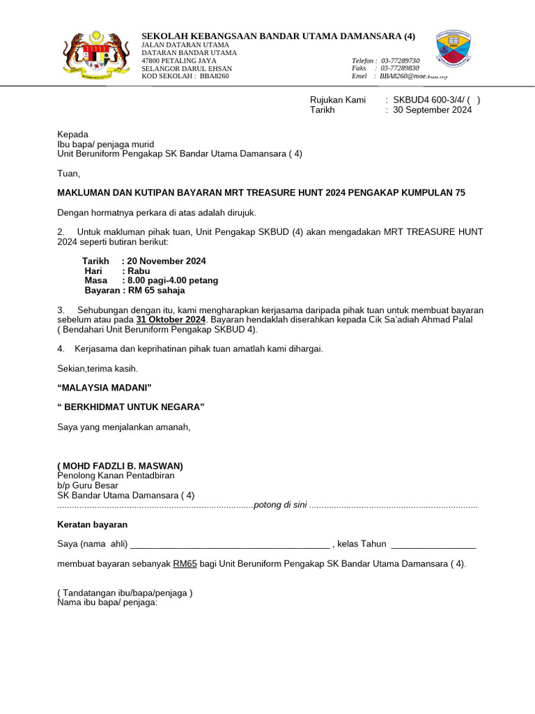 Surat Makluman Treasure Hunt 2024 | PDF