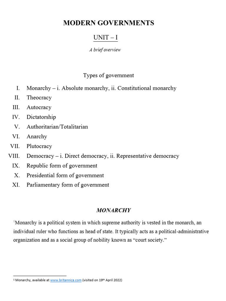 UNIT 1 - MODERN GOVERNMENTS (English) | PDF | Government | Monarchy