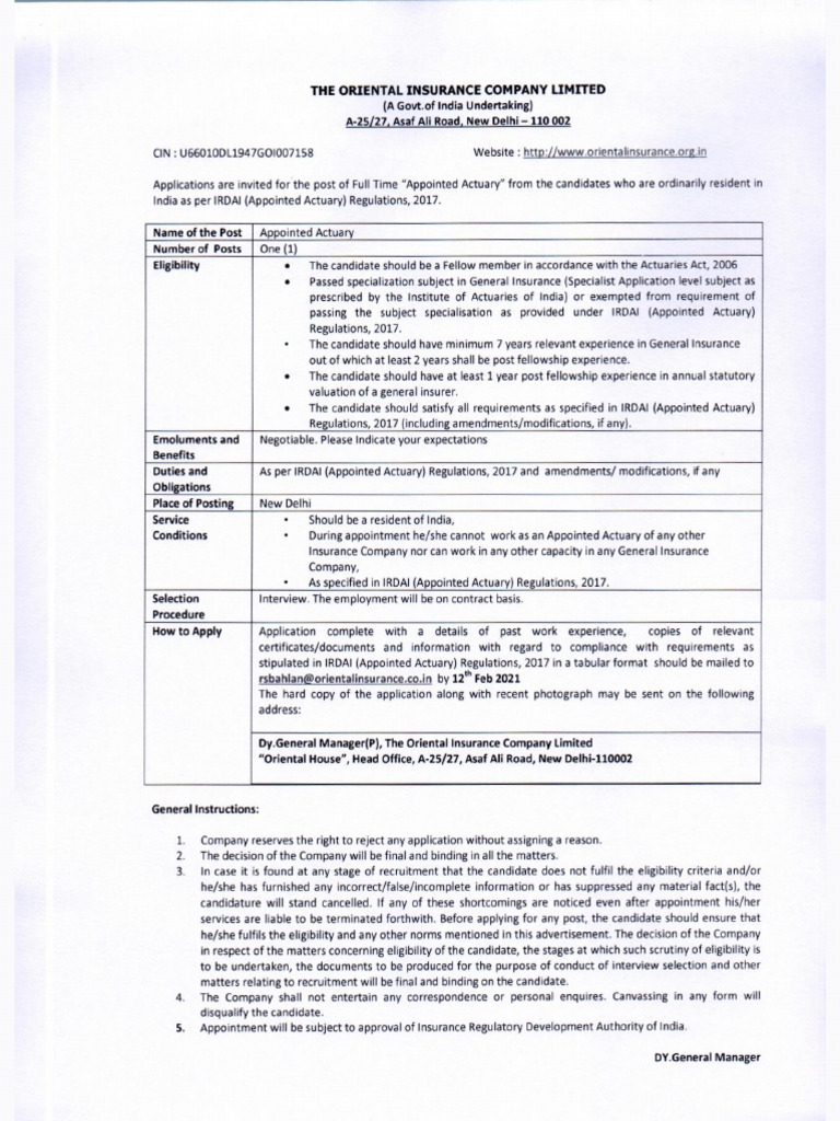 Adv Actuary OICL Jan 2021 | PDF