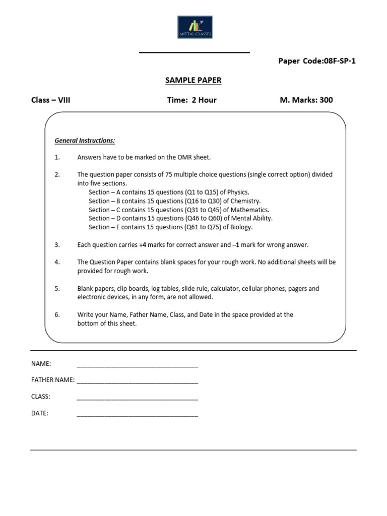 Mittal Classes: Paper Code:08F - Sample Paper | PDF | Waves | Pressure