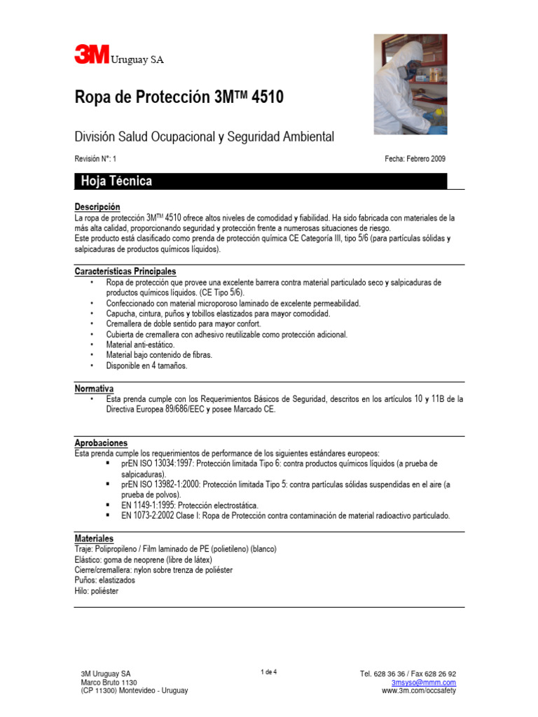 Hoja Técnica - Ropa de Protección 3M 4510 - UY | PDF | Seguridad y salud ocupacional | Uruguay