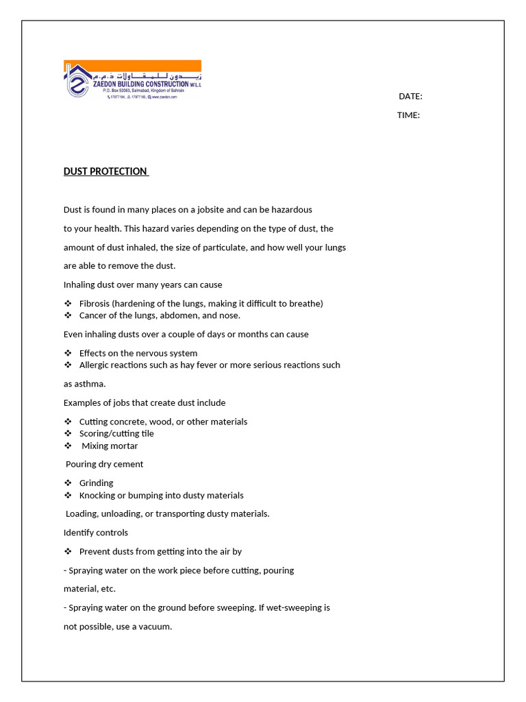 Dust Protection Guidelines for Job Sites | PDF