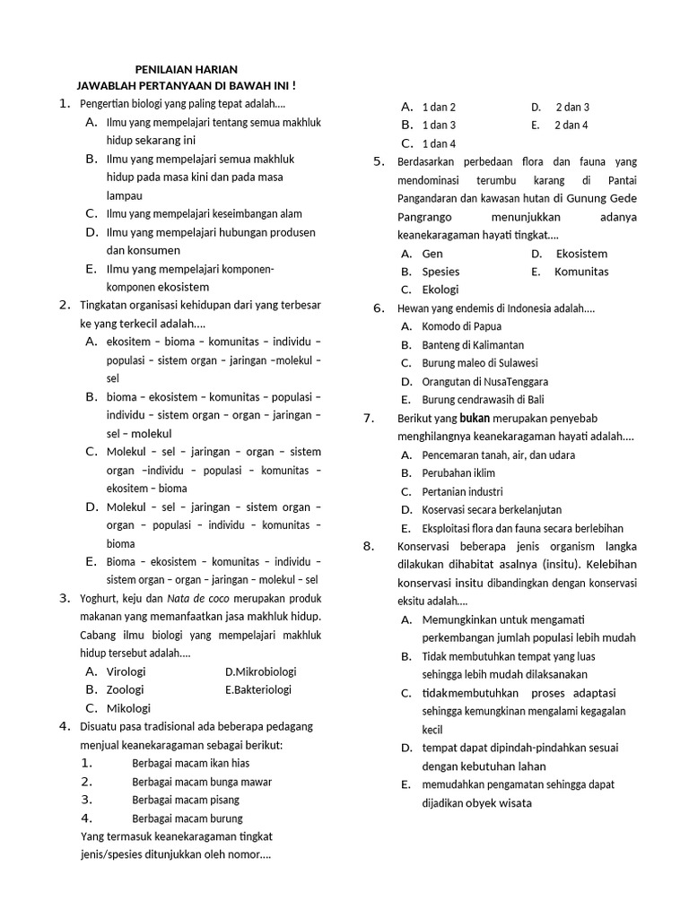 ULANGAN HARIAN BIOLOGI KELAS X | PDF