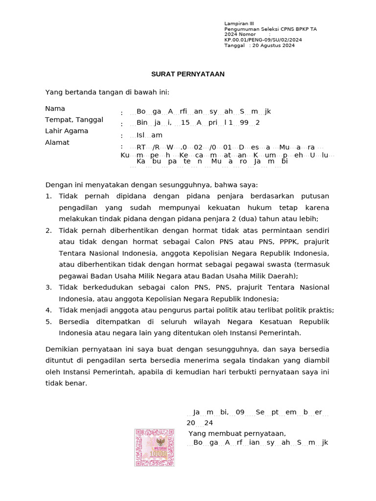 Lampiran III Surat Pernyataan | PDF