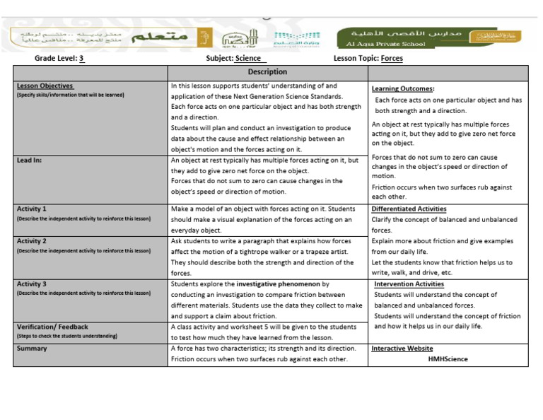Grade 3 Weekly Lesson Plan 3 Term 1 | PDF | Force | Friction
