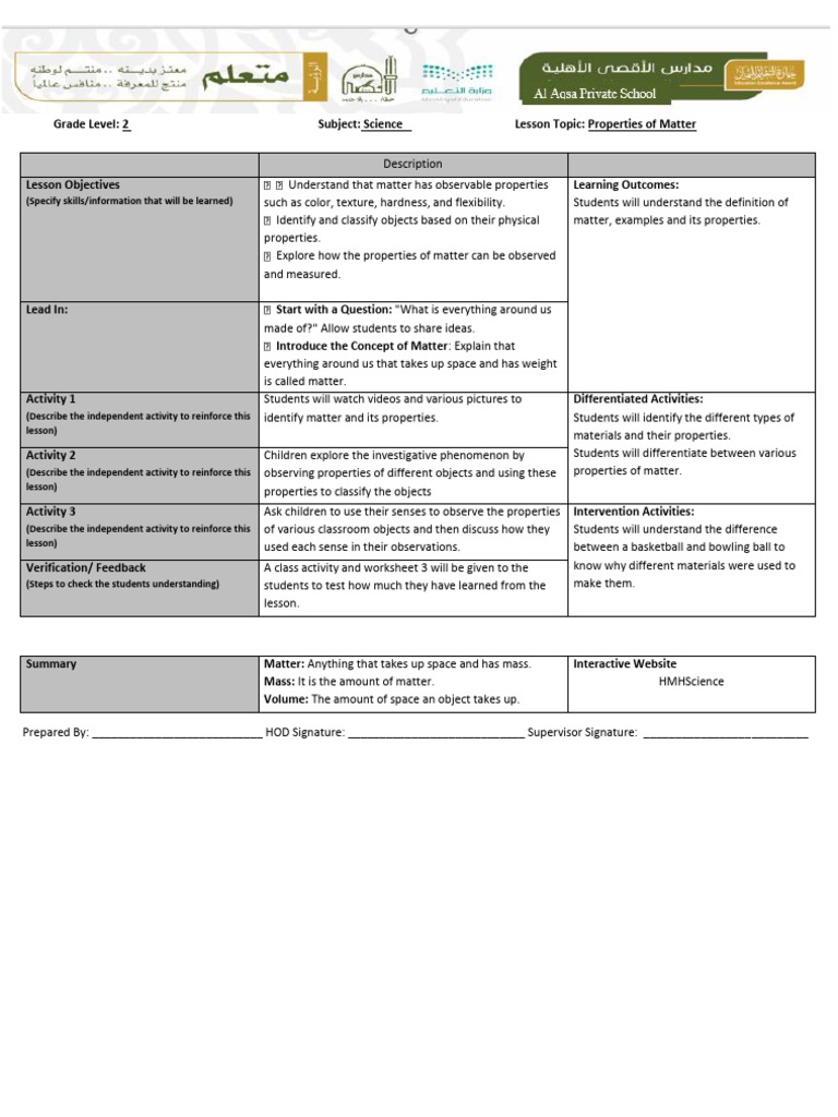 Grade 2 Weekly Lesson Plan 1 Term 1 | PDF | Matter | Space