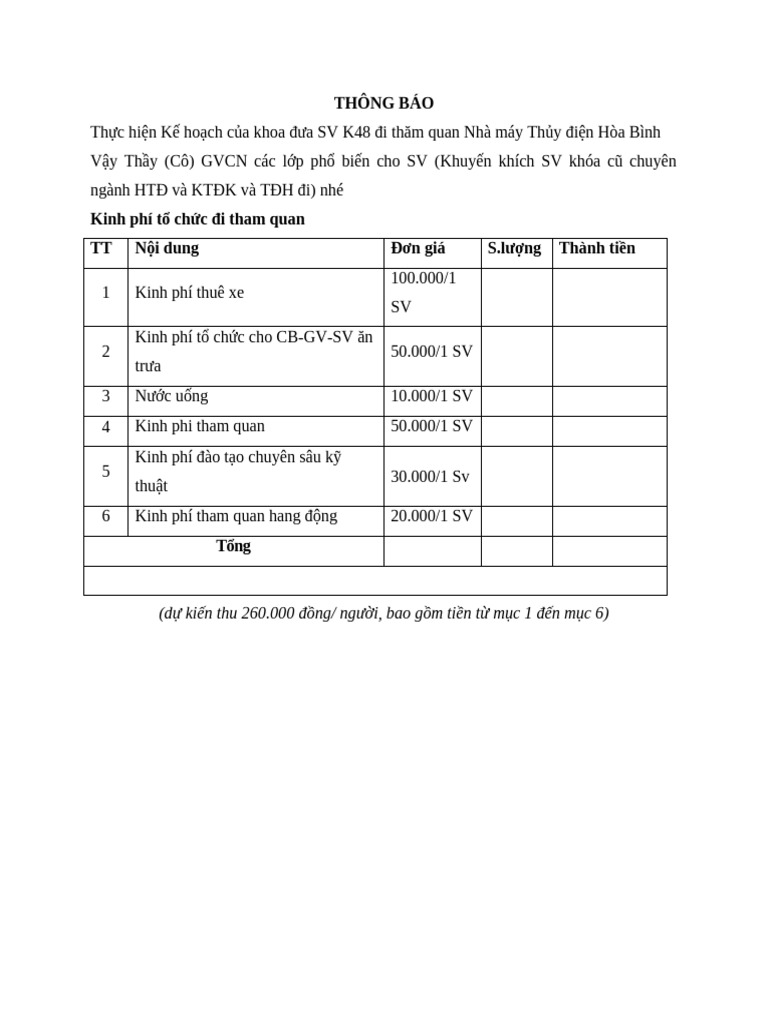 Thông Báo Đưa Sv K48 Và SV Các Khóa Cũ Đi Tam Quan Thủy Điện - Hòa Bình | PDF