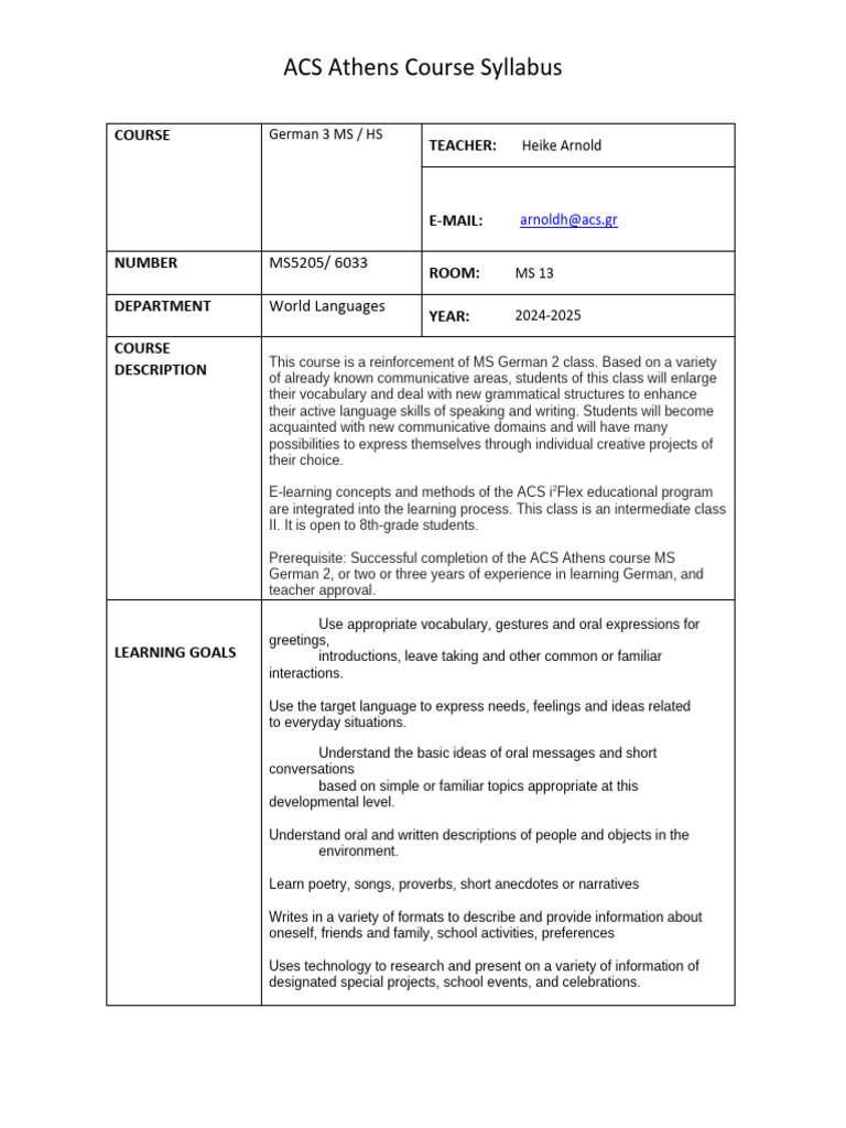 FY25 SYLLABUS German 3 | PDF | Educational Assessment | Cognitive Science