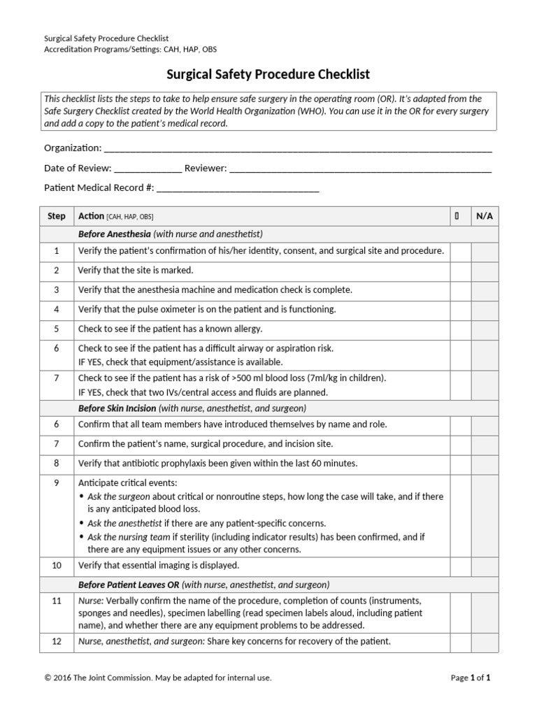Surgical Safety Procedure Checklist | PDF | Surgery | Medicine