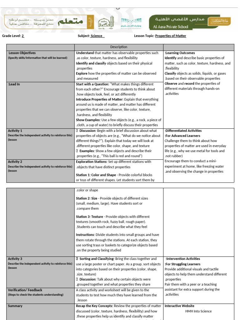 Grade 2 Weekly Lesson Plan 3 Term 1 | PDF | Matter | Learning
