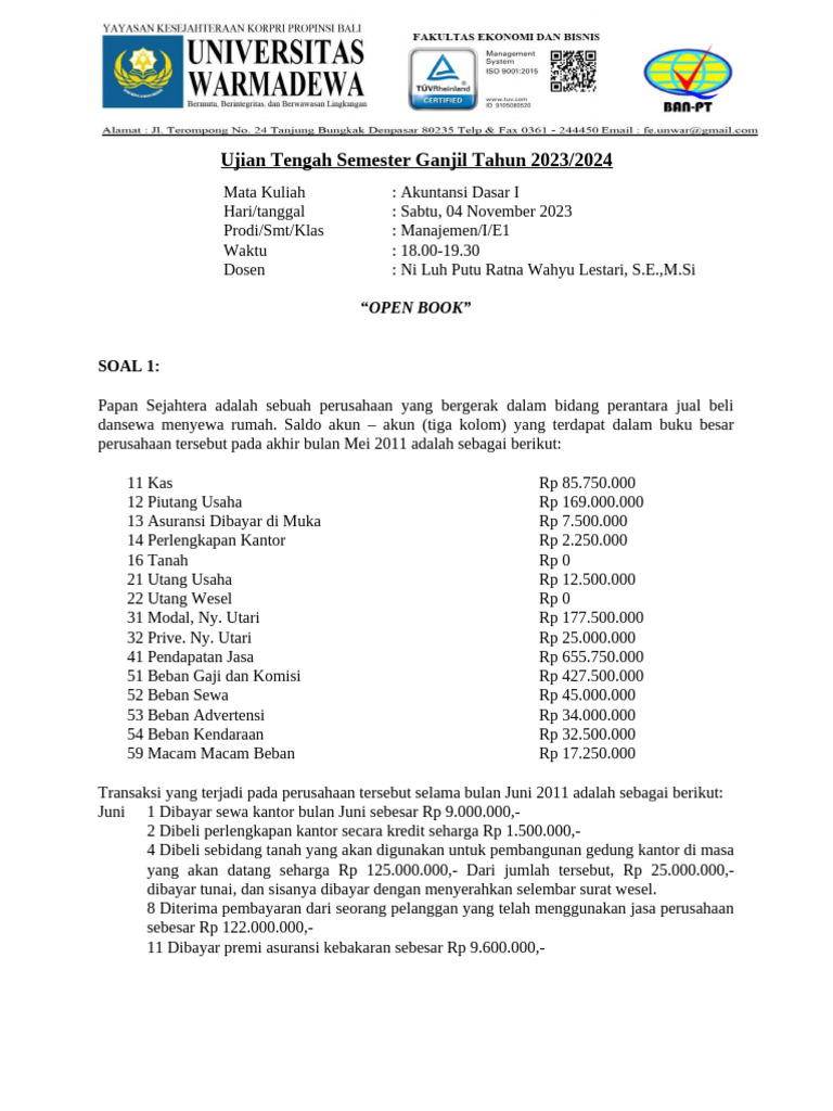 Soal Uts Akuntansi Dasar I | PDF | Hukum