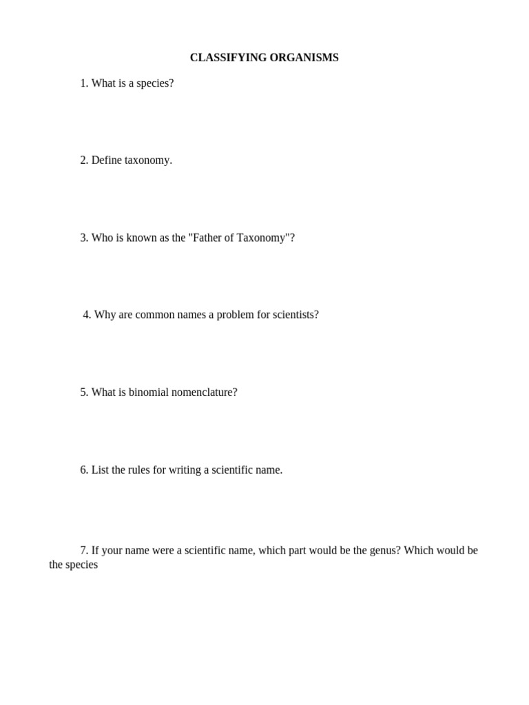 Taxonomy Worksheet Basic and Good | PDF | Genus | Taxonomy (Biology)