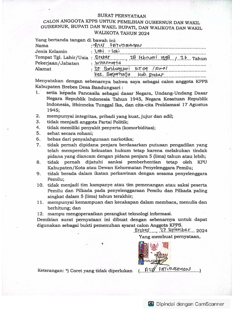 Contoh Surat Pernyataan KPPS | PDF
