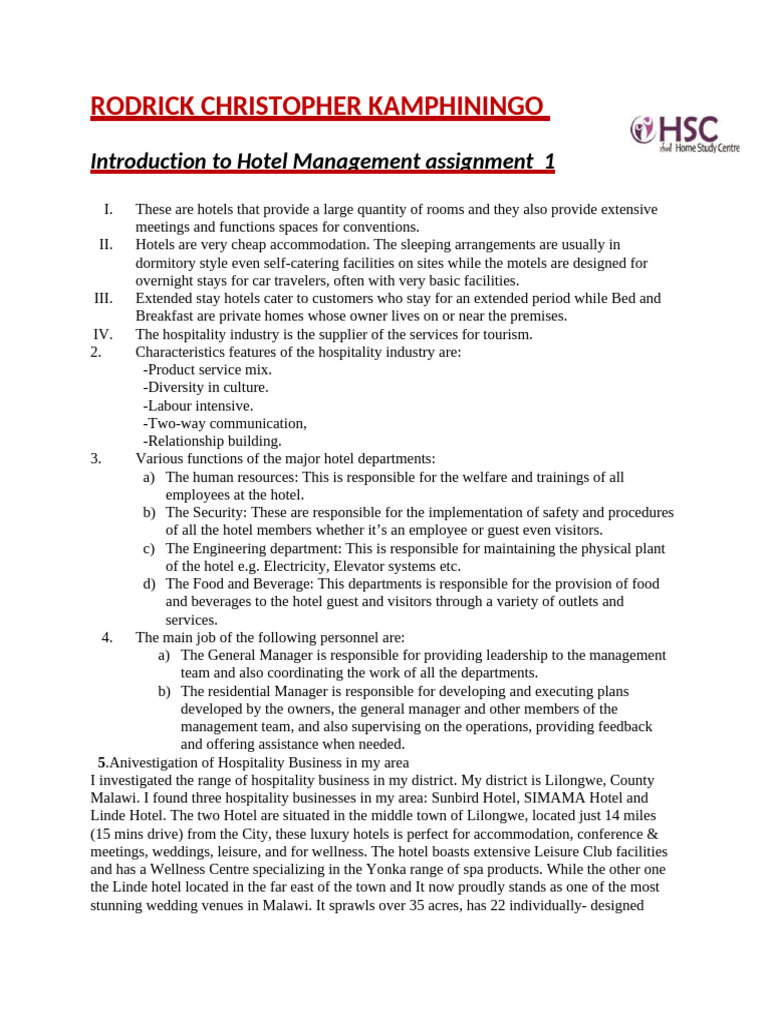 Introduction To Hotel Management Assighnment | PDF | Hotel | Hospitality Industry