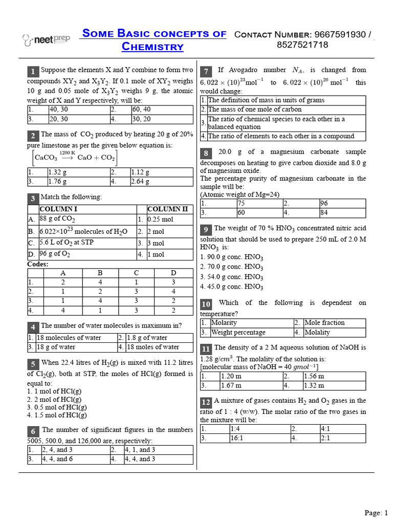 Some Basic Concepts of Chemistry | PDF | Mole (Unit) | Physical Sciences