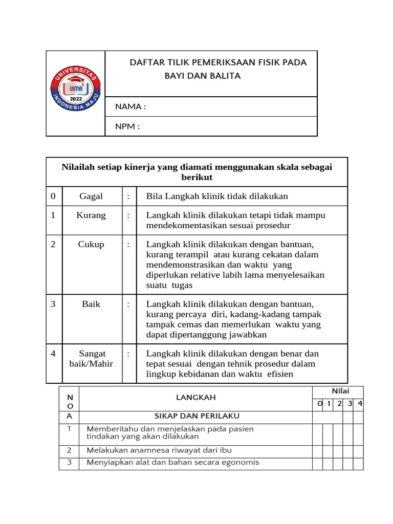 Daftar Tilik Pemeriksaan Fisik Pada Bayi Dan Balita | PDF