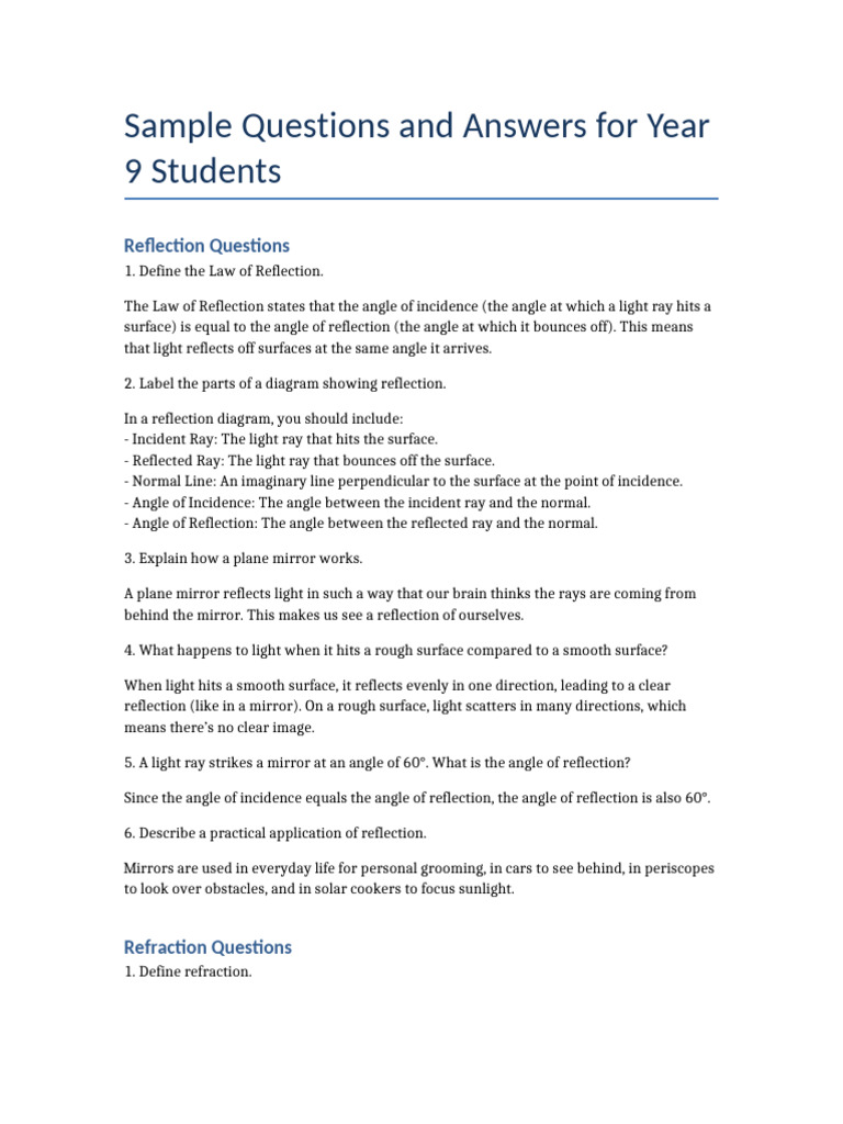 Year 9 Reflection and Refraction Q&A | PDF | Reflection (Physics ...