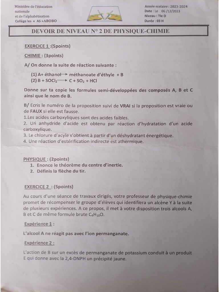 Devoir de PC N°2 Tle D C. Les As Abobo | PDF