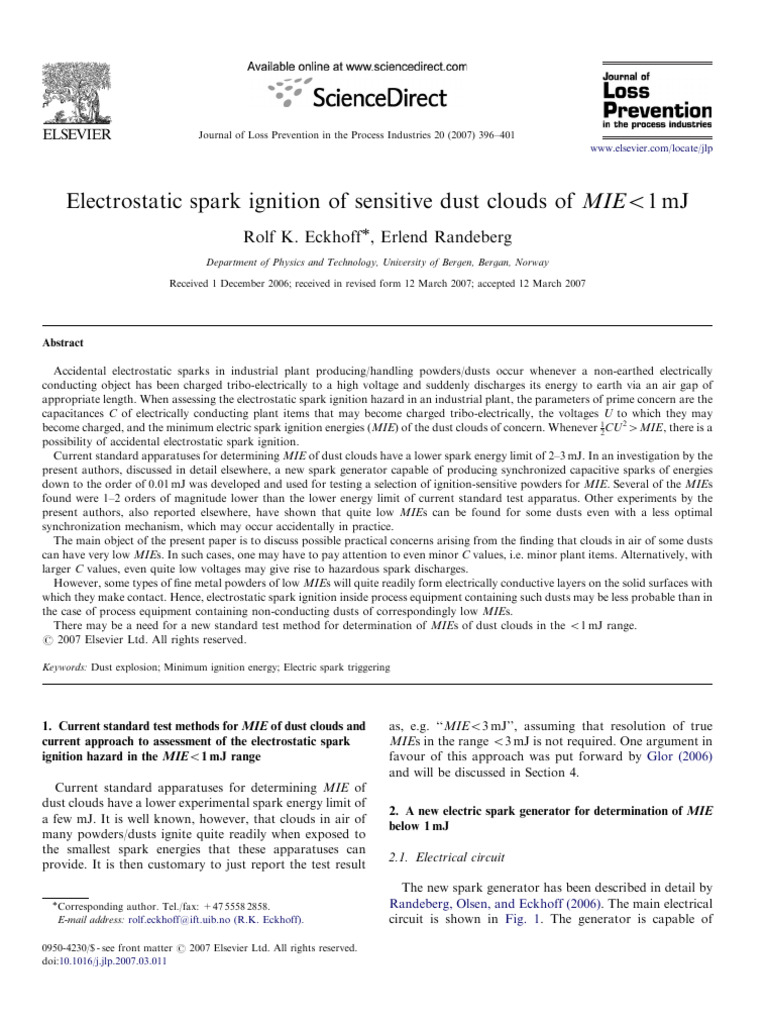 Electrostatic Spark Ignition of Dusts | PDF | Electrostatic Discharge ...