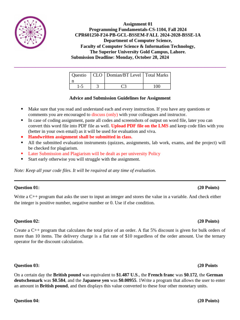 Assignment 01 PF Fall2024 A | PDF | Computing | Computer Programming