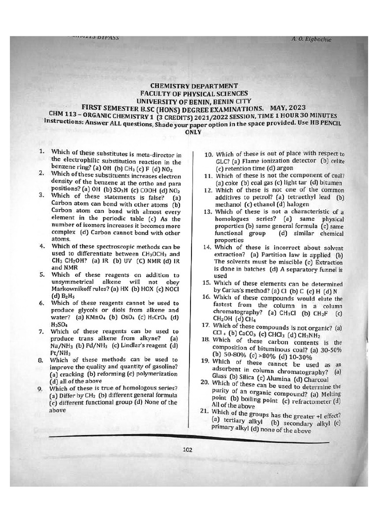 CHM 113 PQ 20212022 | PDF