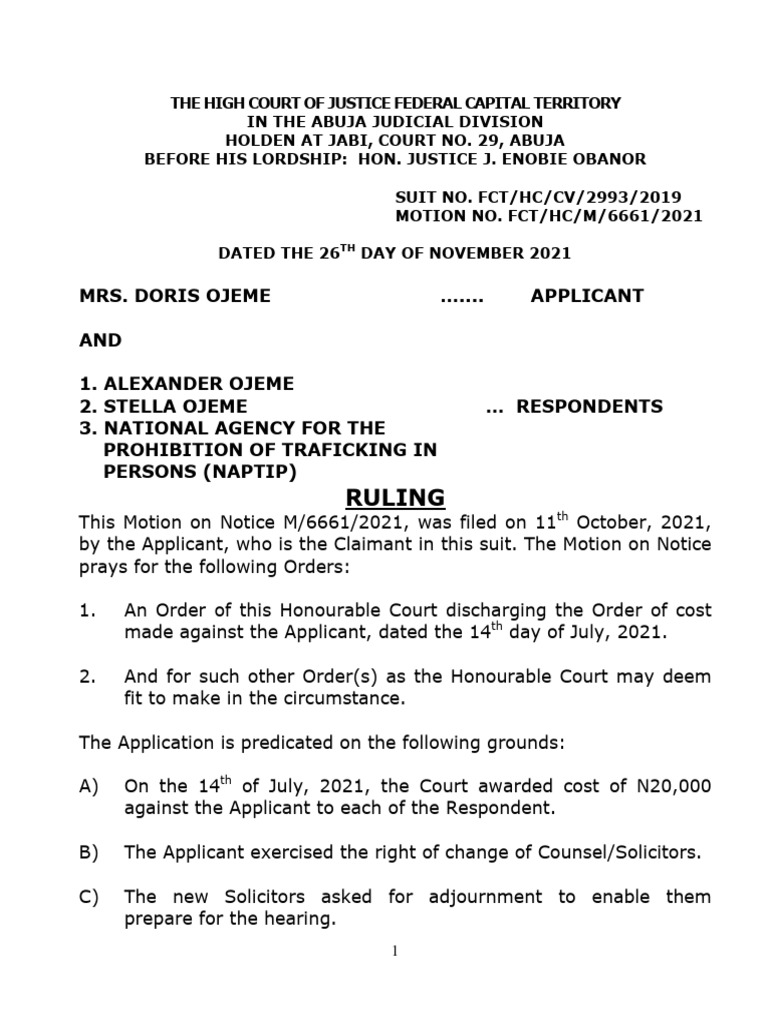Mrs. Doris Ojeme vs. Alexander Ojeme 2 Ors Award of Cost | PDF | Affidavit | Judgment (Law)