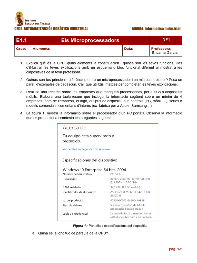 E1.1 - Microprocessadors Tarea by Escola Del Treball | PDF