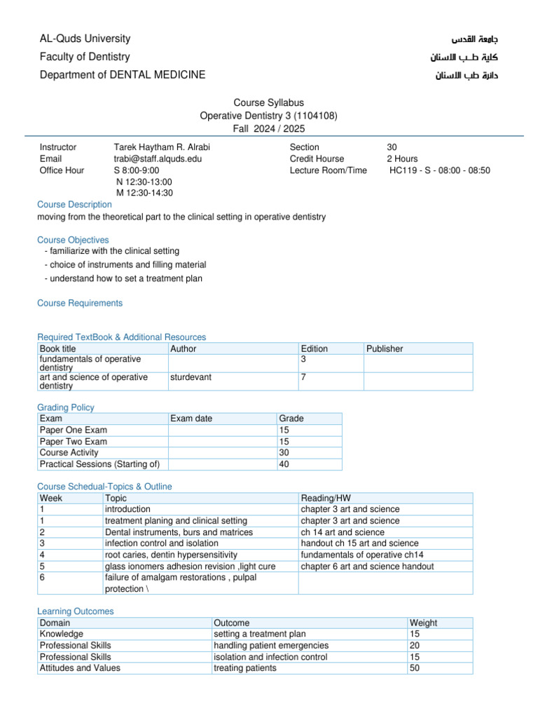 Operative Dentistry 3 Syllabus | PDF | Dentistry | Science