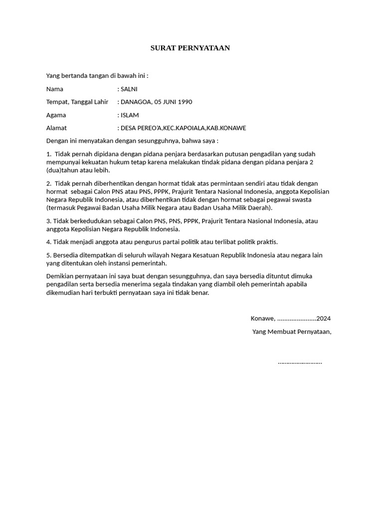 Surat Pernyataan Integritas Salni | PDF