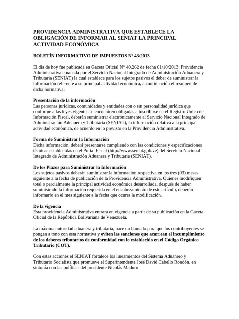 Providencia Administrativa Que Establece La Obligación de Informar Al ...