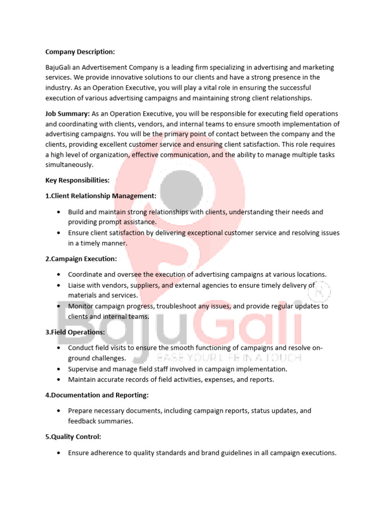 Operation Executive JD | PDF
