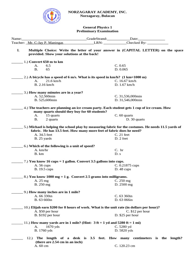 General Physics 1 Exam Questions | PDF | Foot (Unit) | Yard