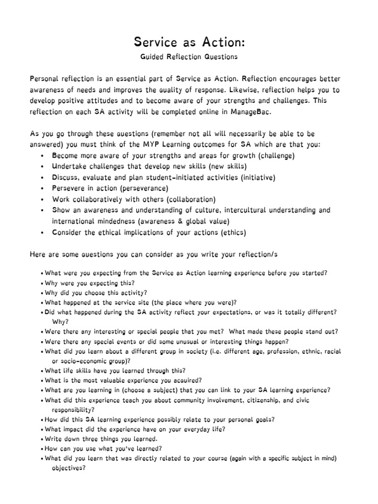 Guided Reflection Question For MYP Service As Action | PDF | Experience ...
