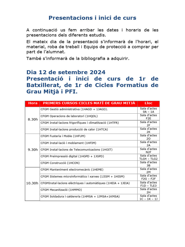 Inici de Curs 2024 2025 Aules 2n I Gs | PDF