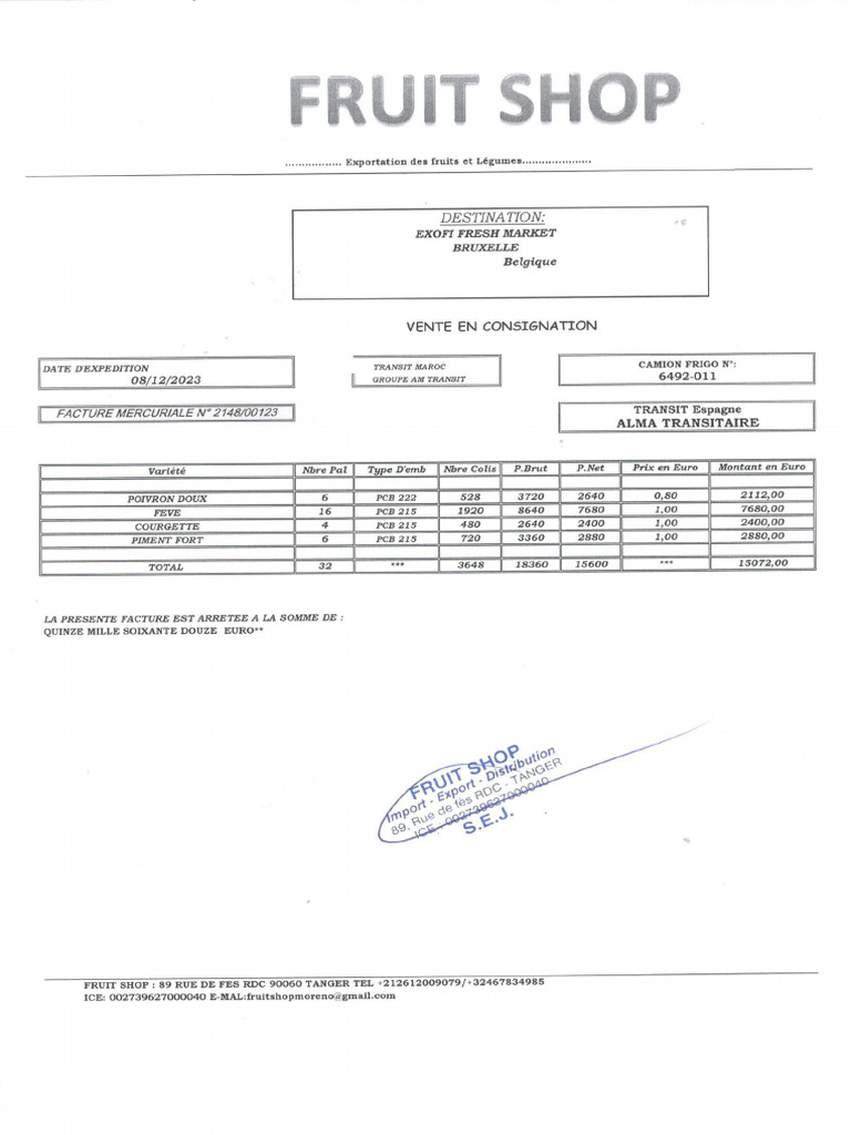 Factura Fruit Shop NÂ°2148-00123 Le 08-12-2023 | PDF