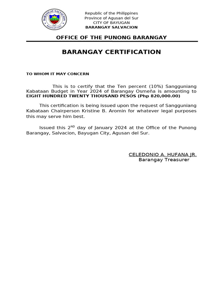Brgy. Treasurer Certificate | PDF