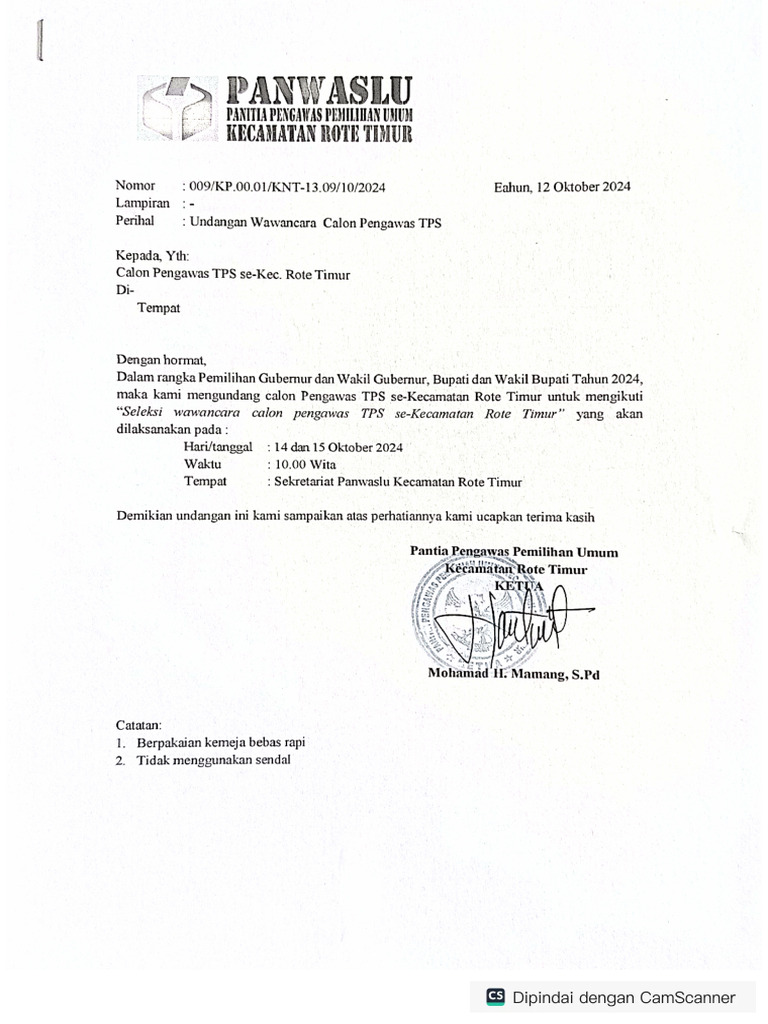 Undangan Tes Wawancara PTPS Pilkada 2024 | PDF