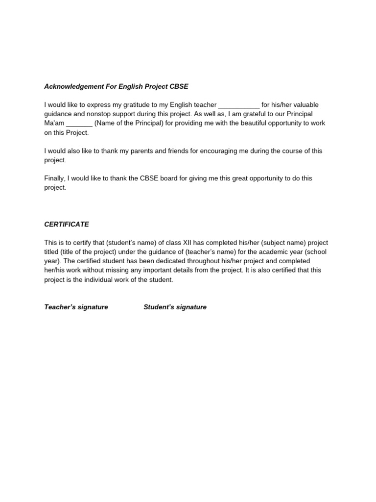 Acknowledgement and Certificate For English Project CBSE | PDF