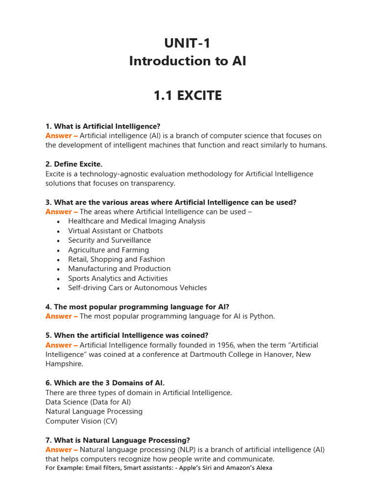 UNIT-1 Introduction To AI 1.1 Excite: Answer | PDF | Artificial Intelligence | Intelligence (AI ...