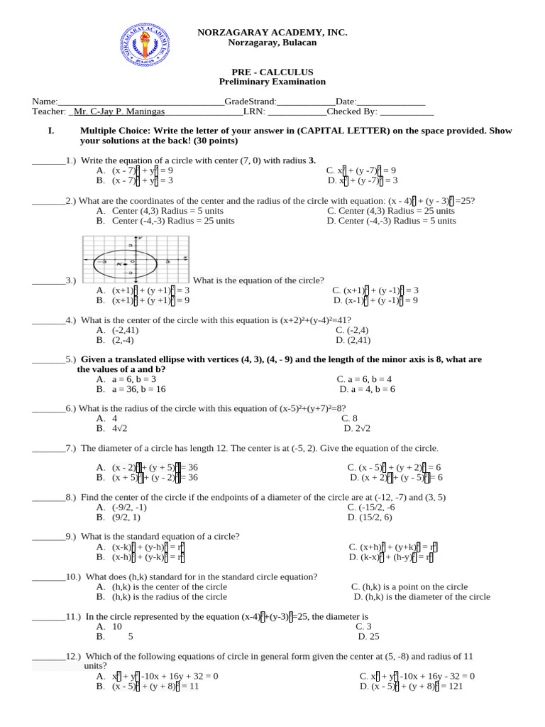 Pre-Calculus Exam: Circle & Parabola Concepts | PDF | Geometry ...