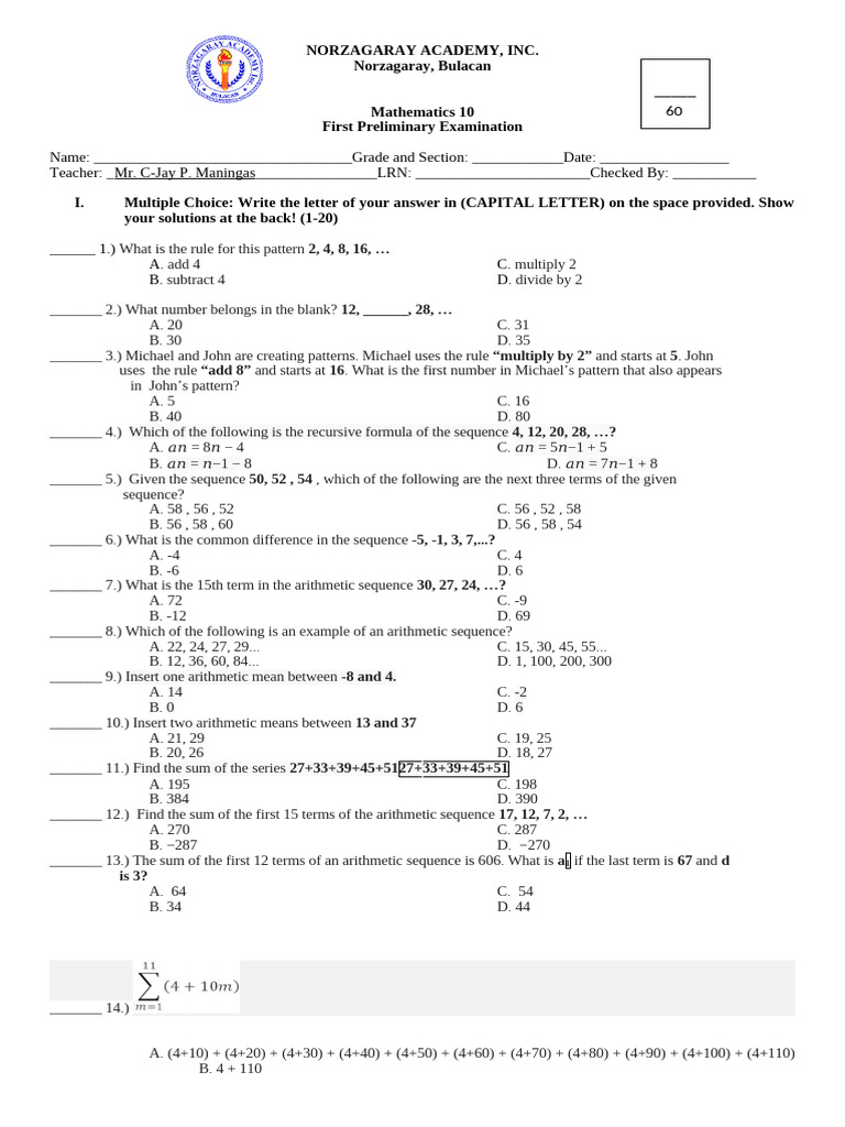 MATH 10 1st PRELIM EXAM | PDF | Arithmetic | Mathematical Concepts