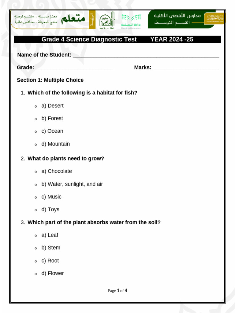 Grade 4 Science Diagnostic Test Term 1 | PDF | Water | Earth